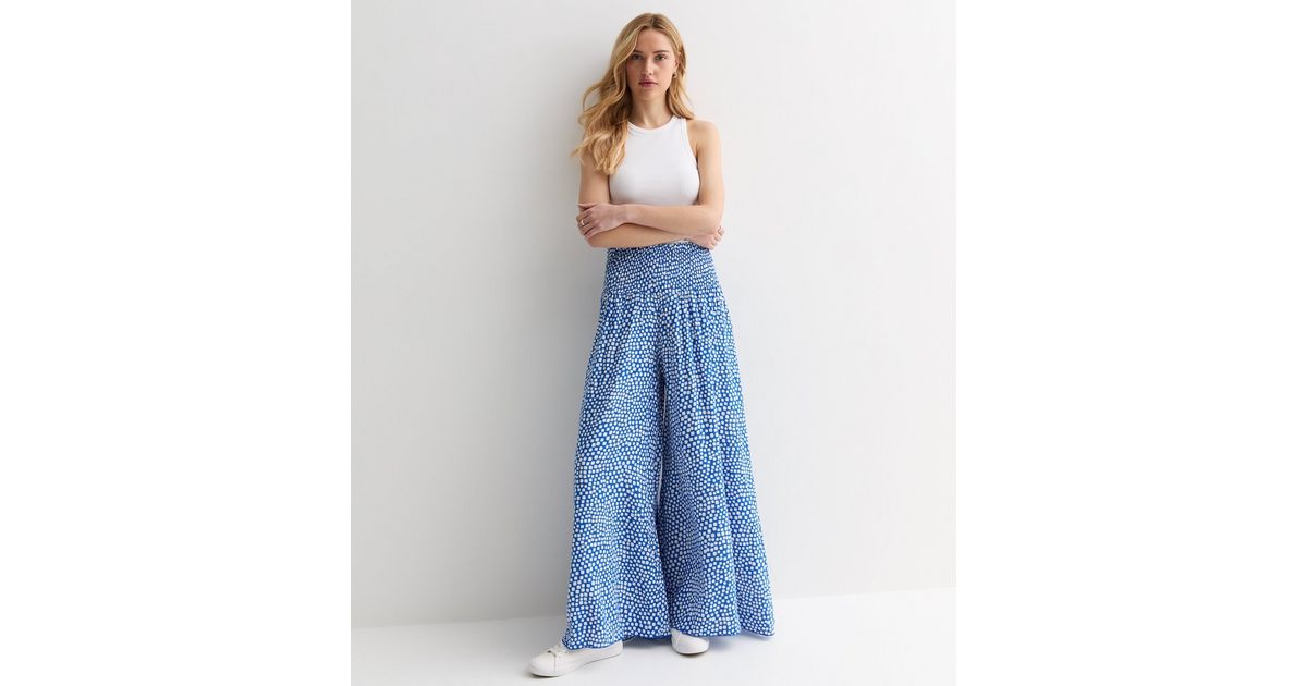 Blue Square Print Shirred Wide Leg Trousers | New Look