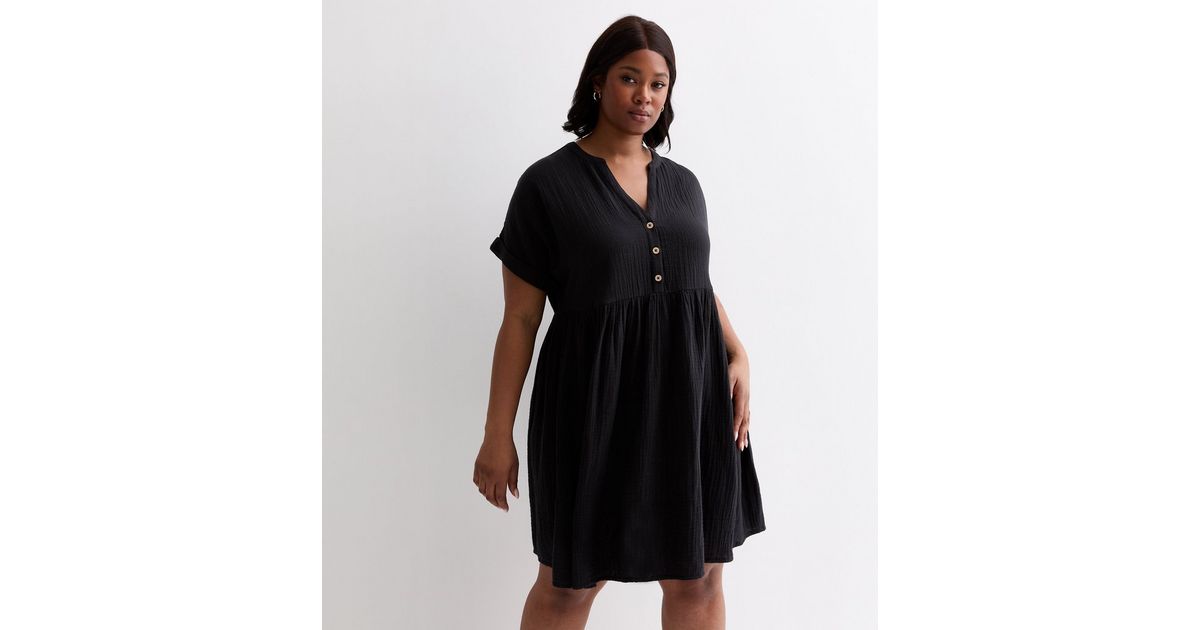 Curves Black Cotton Button Front Mini Smock Dress | New Look