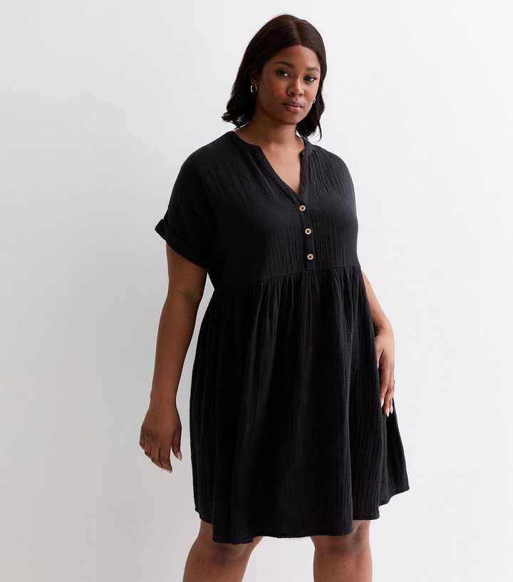 Curves Black Cotton Button Front Mini Smock Dress | New Look