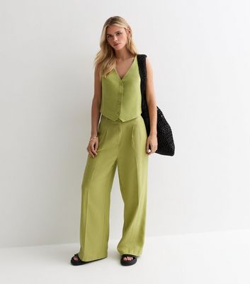 Petite Light Green Linen Blend Wide Leg Trousers | New Look