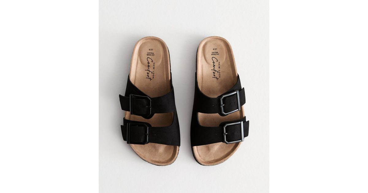 Extra Wide Fit Black Double Strap Sliders | New Look