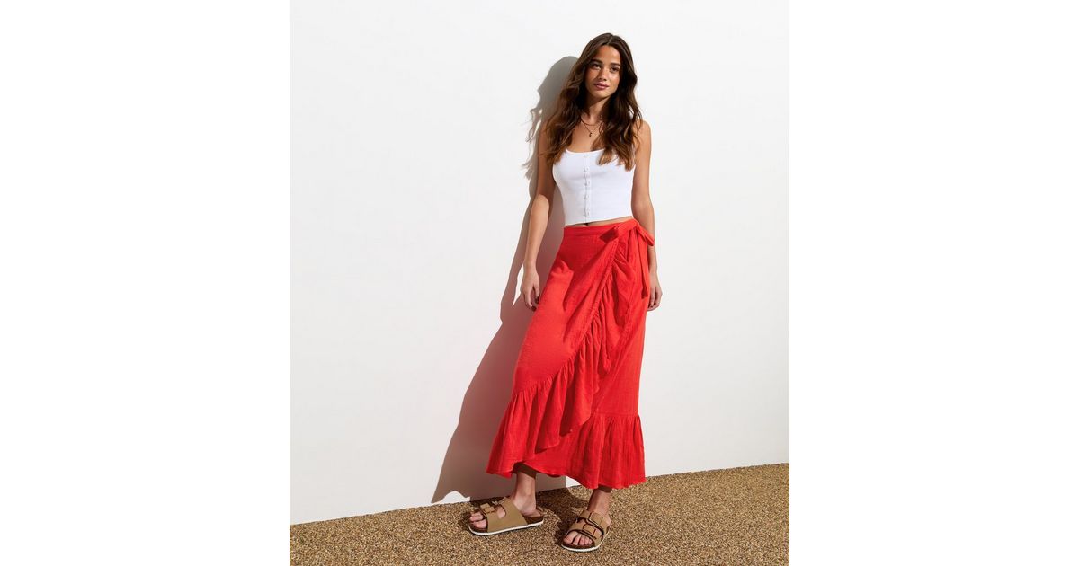 Red Cotton Ruffle Wrap Midi Skirt | New Look