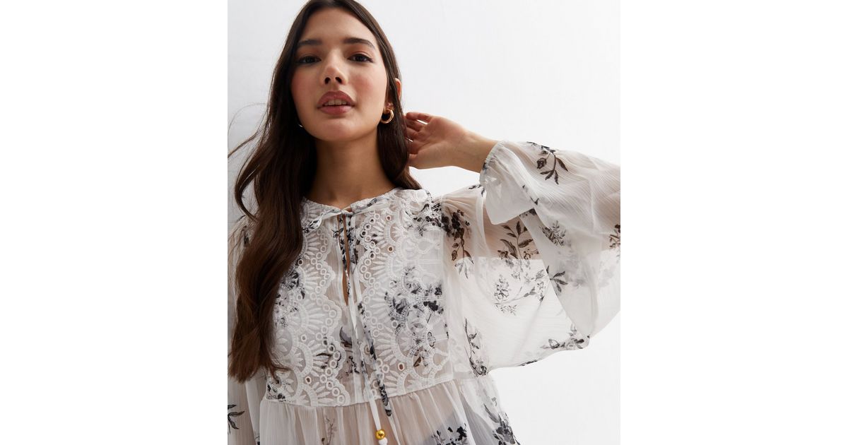 Off White Floral Print Broderie Tie Neck Blouse | New Look