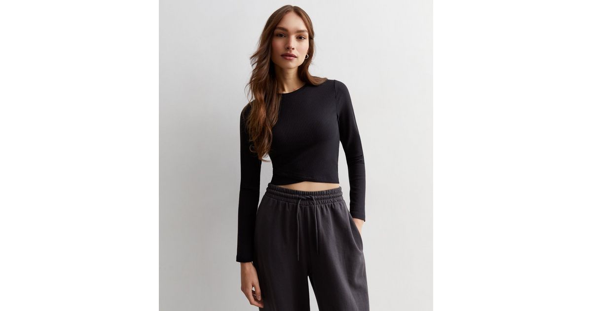Black Ribbed Cross Over Hem Crop Top | New Look