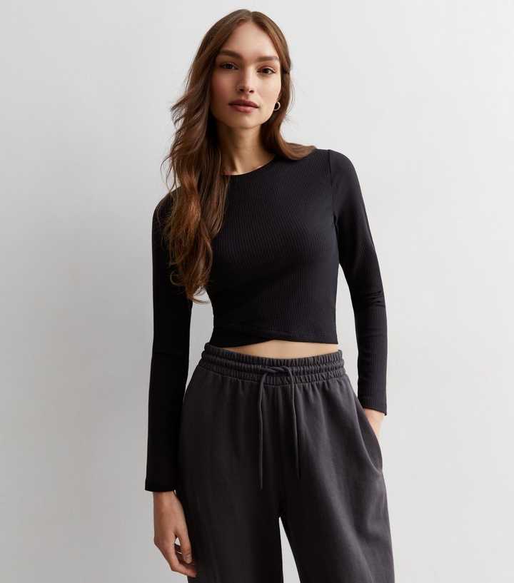 Black Ribbed Cross Over Hem Crop Top | New Look