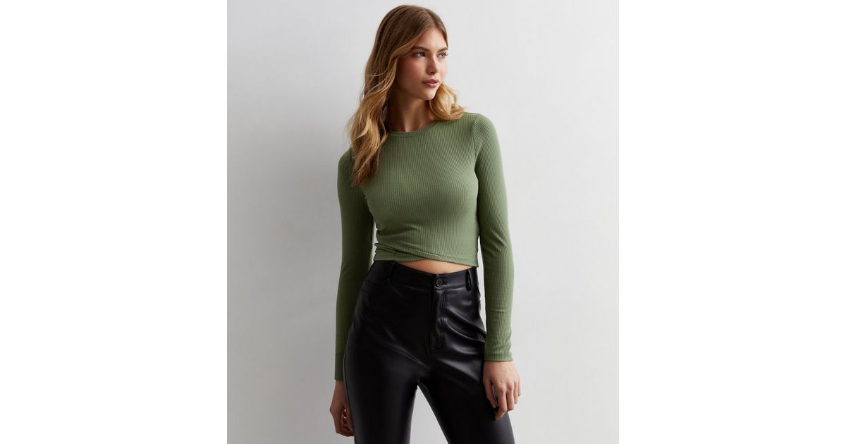 Khaki Ribbed Cross Over Hem Crop Top | New Look