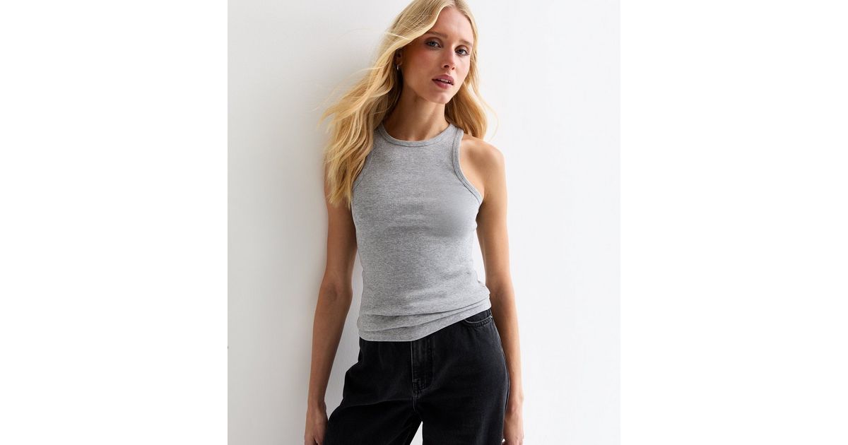 Grey Ribbed Racer Vest | New Look