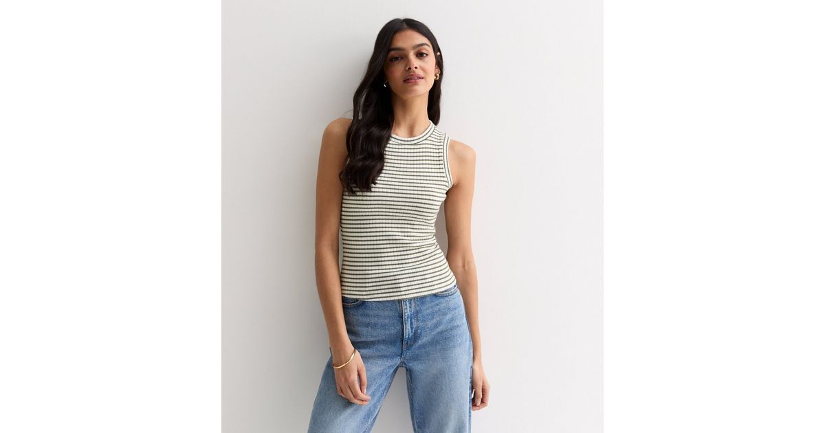 Green Stripe Ribbed Knit Racer Vest | New Look