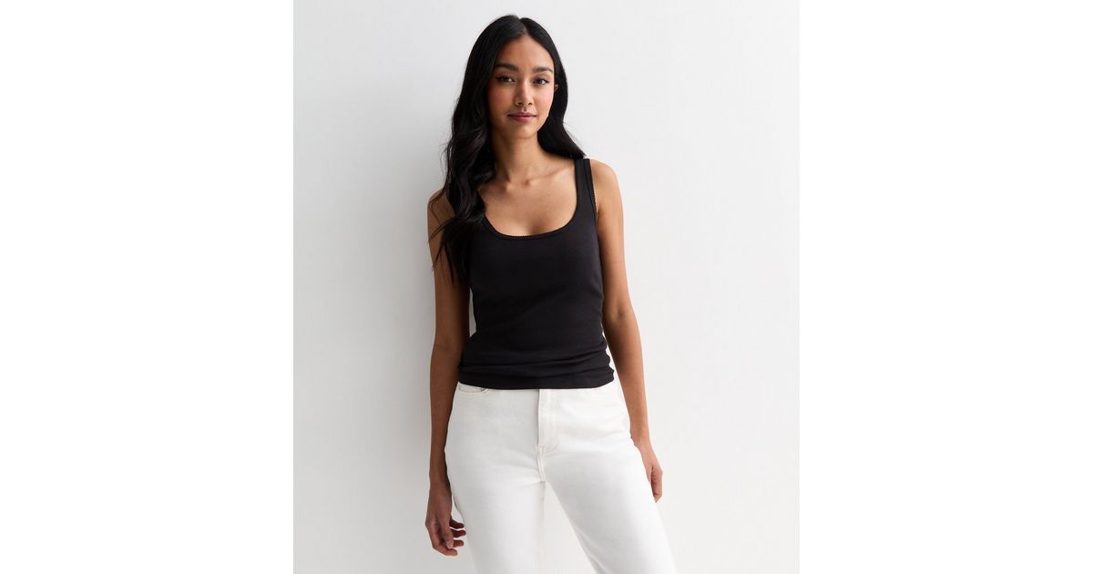 Black Ribbed Scoop Neck Trim Vest | New Look