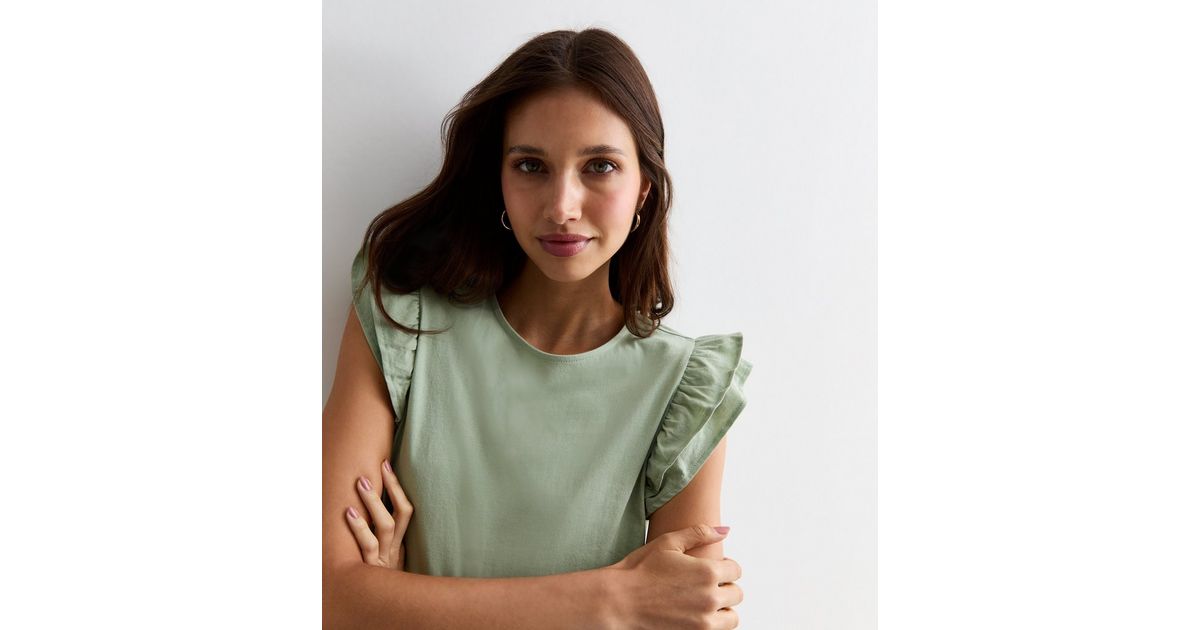 Khaki Cotton Frill Sleeve Top | New Look