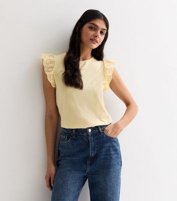 Pale Yellow Cotton Broderie Frill Sleeve Top | New Look