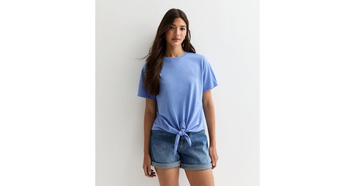 Blue Cotton Tie-Front T-Shirt | New Look