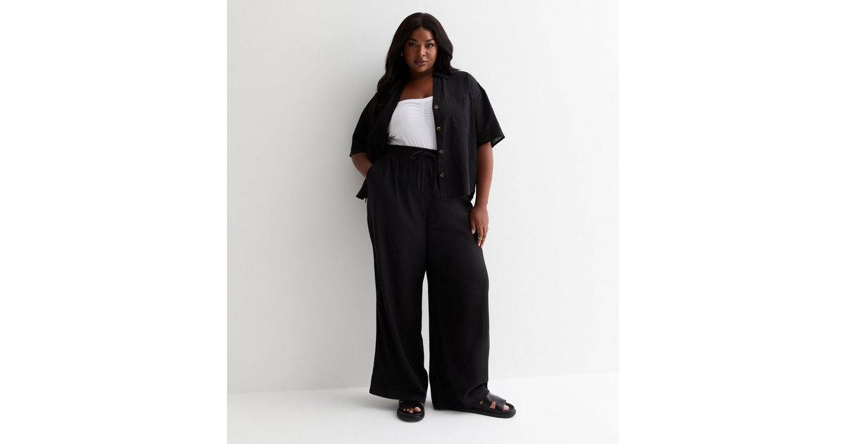 Curves Black Linen Blend Wide Leg Trousers | New Look