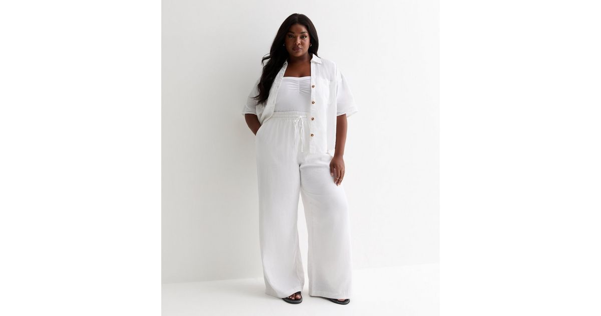 Curves White Linen Blend Wide Leg Trousers | New Look
