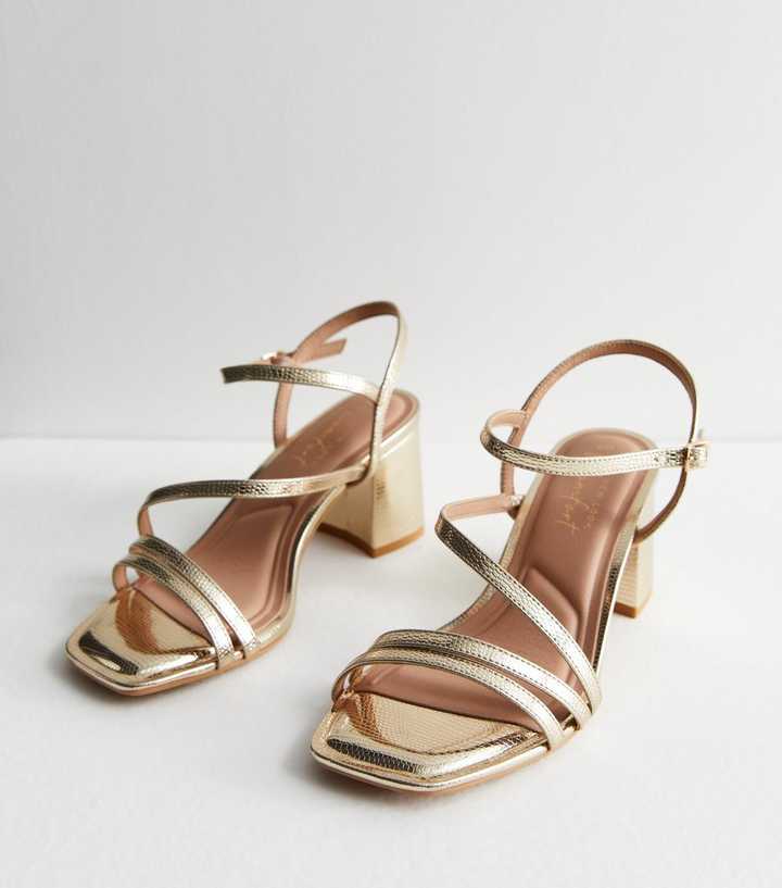 Wide Fit Gold Strappy Block Heel Sandals | New Look