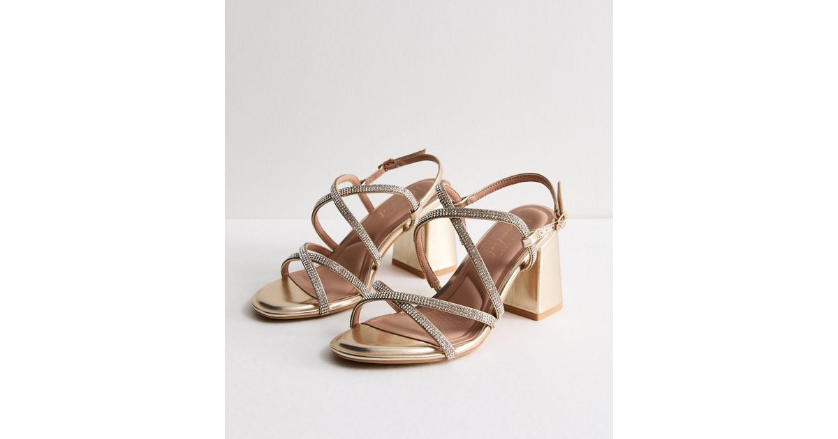 Wide Fit Gold Diamanté Strappy Block Heel Sandals | New Look