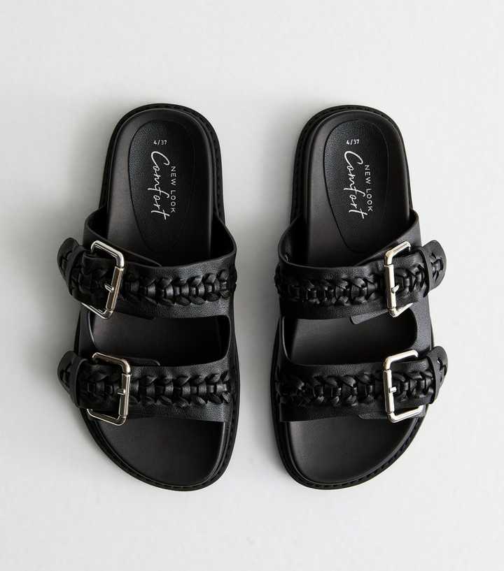 Black Plaited Chunky Sliders | New Look