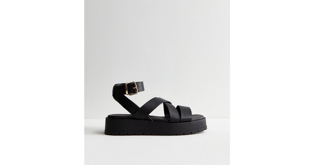 Black Leather-Look Cross Over Flatform Sandals | New Look