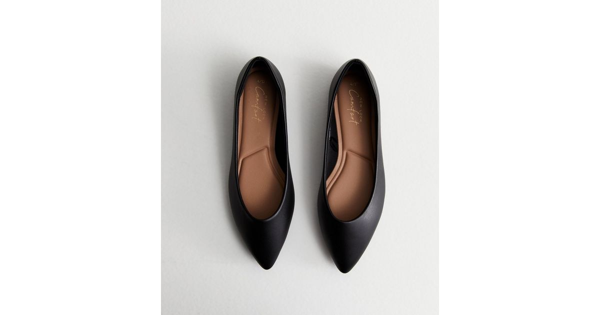 Black Leather-Look Pointed Ballet Pumps | New Look