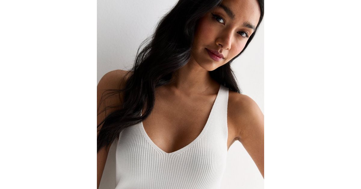 White Ribbed V Neck Vest New Look