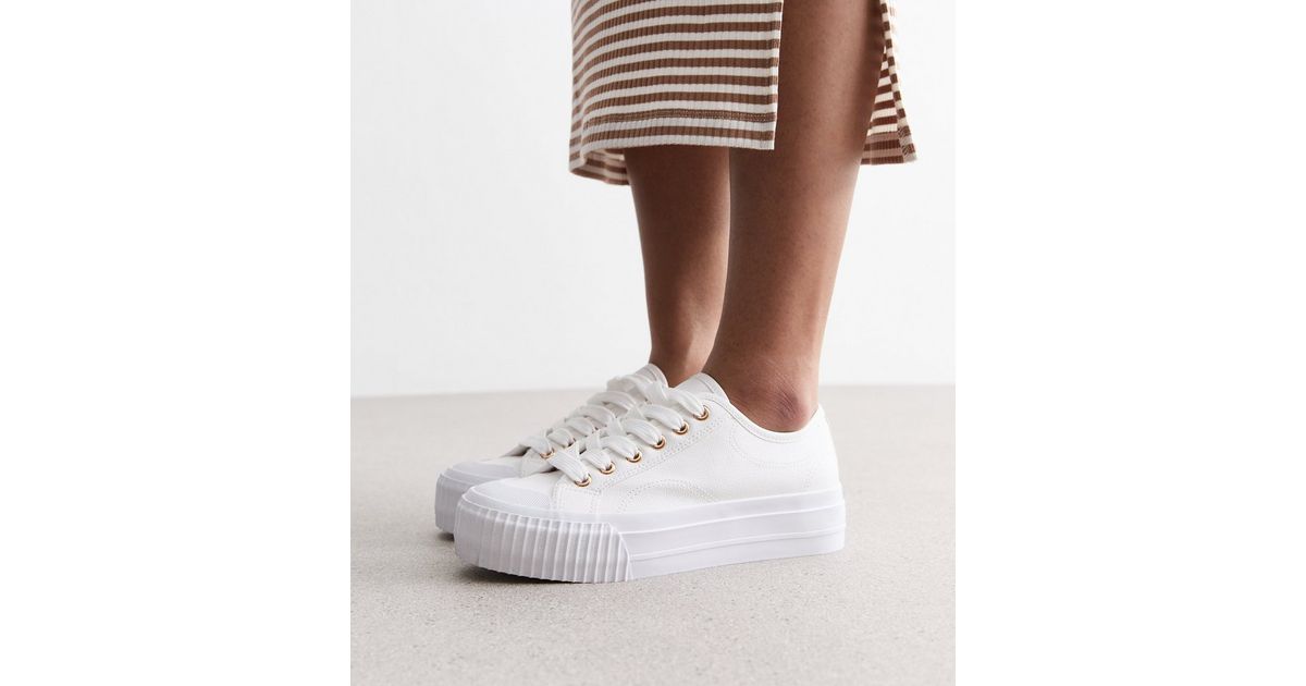 White Leather-Look Lace Up Chunky Trainers | New Look