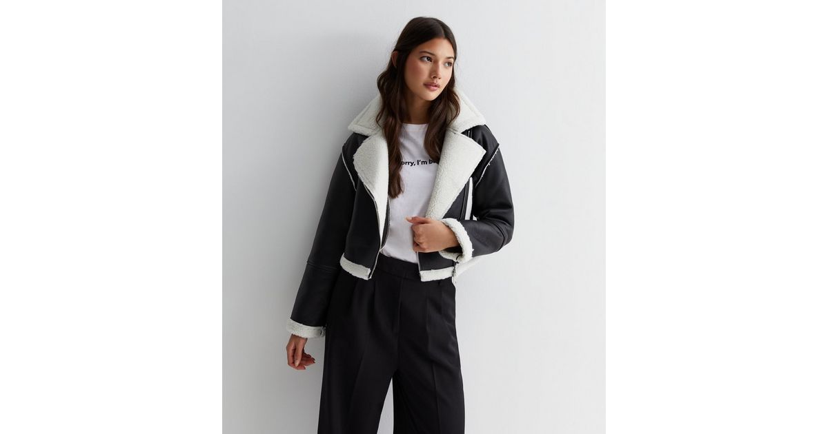 Cameo Rose Black Faux Shearling Trim Crop Jacket | New Look