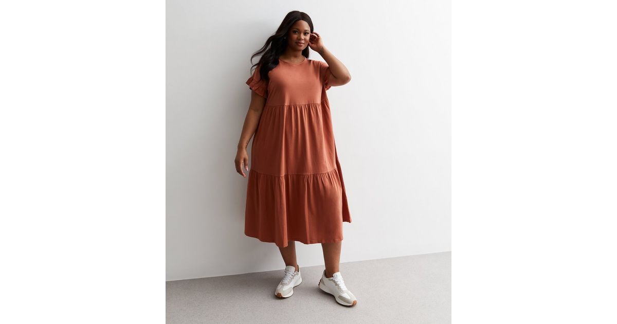 Curves Rust Cotton Tiered Midi Dress | New Look