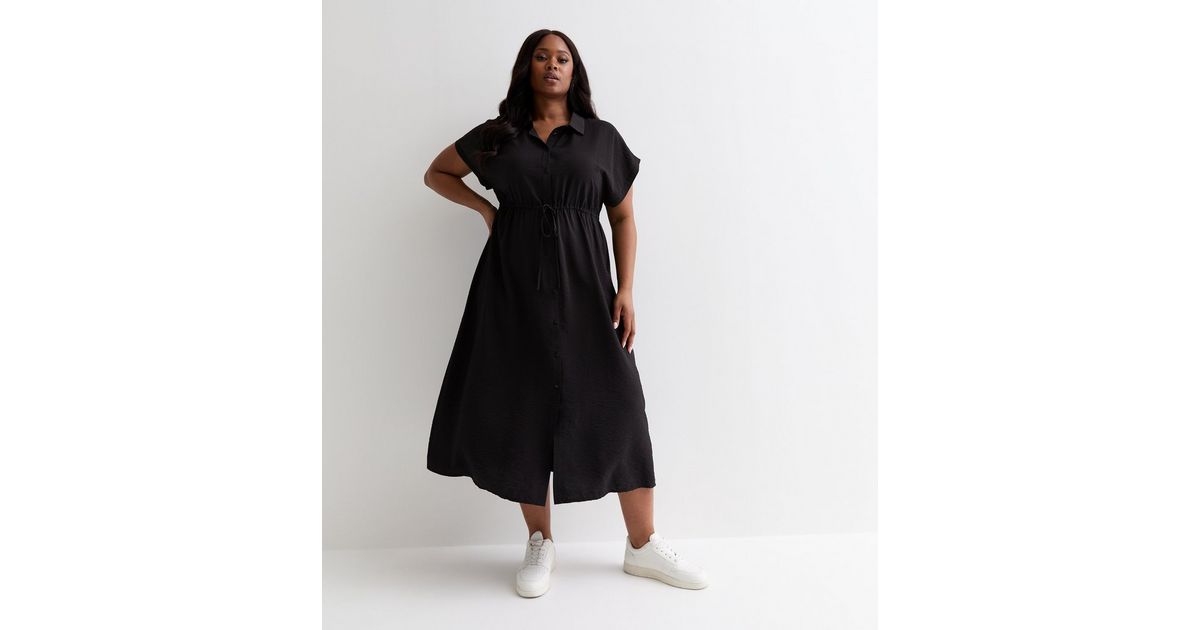 Curves Black Short Sleeve Drawstring Midi Shirt Dress | New Look