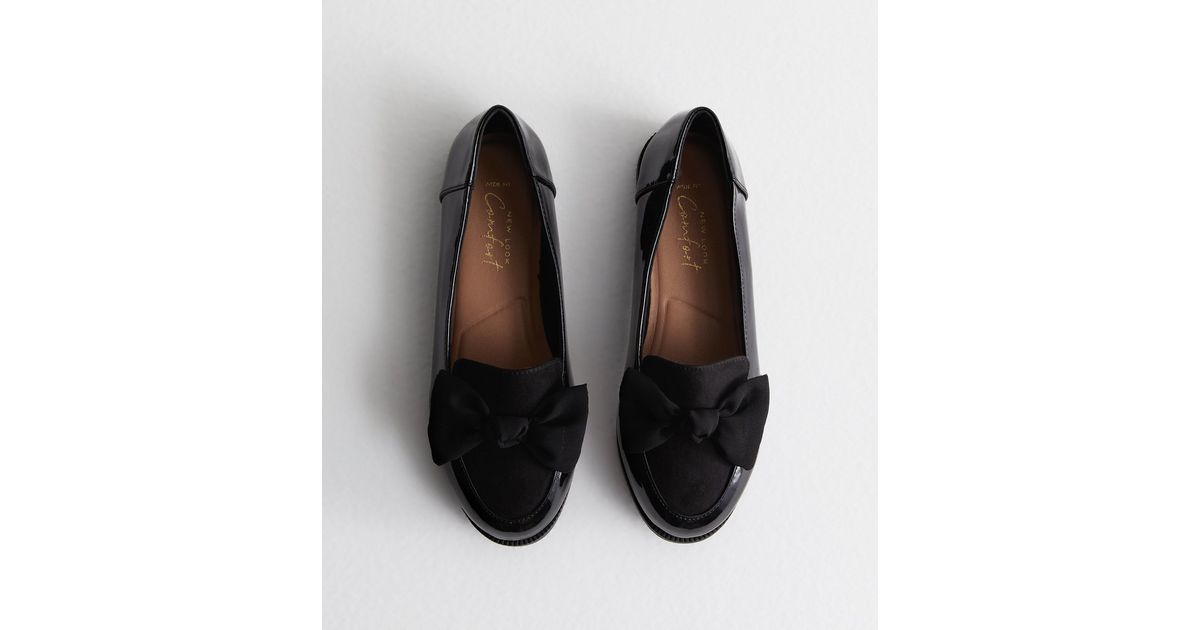 Wide Fit Black Patent Bow Front Loafers | New Look