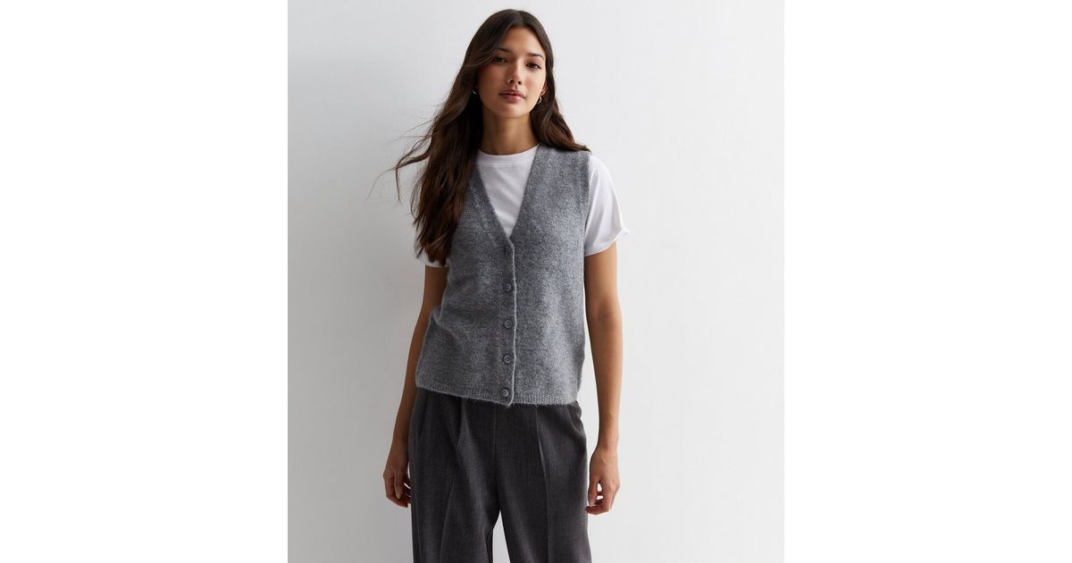 Grey Knit Button Front Vest | New Look
