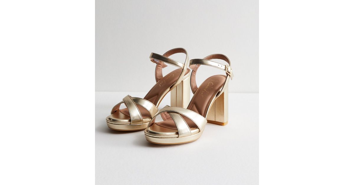 Wide Fit Gold Cross Over Platform Block Heel Sandals | New Look