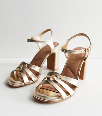 Wide Fit Gold Leather-Look Twist Block Heel Sandals | New Look