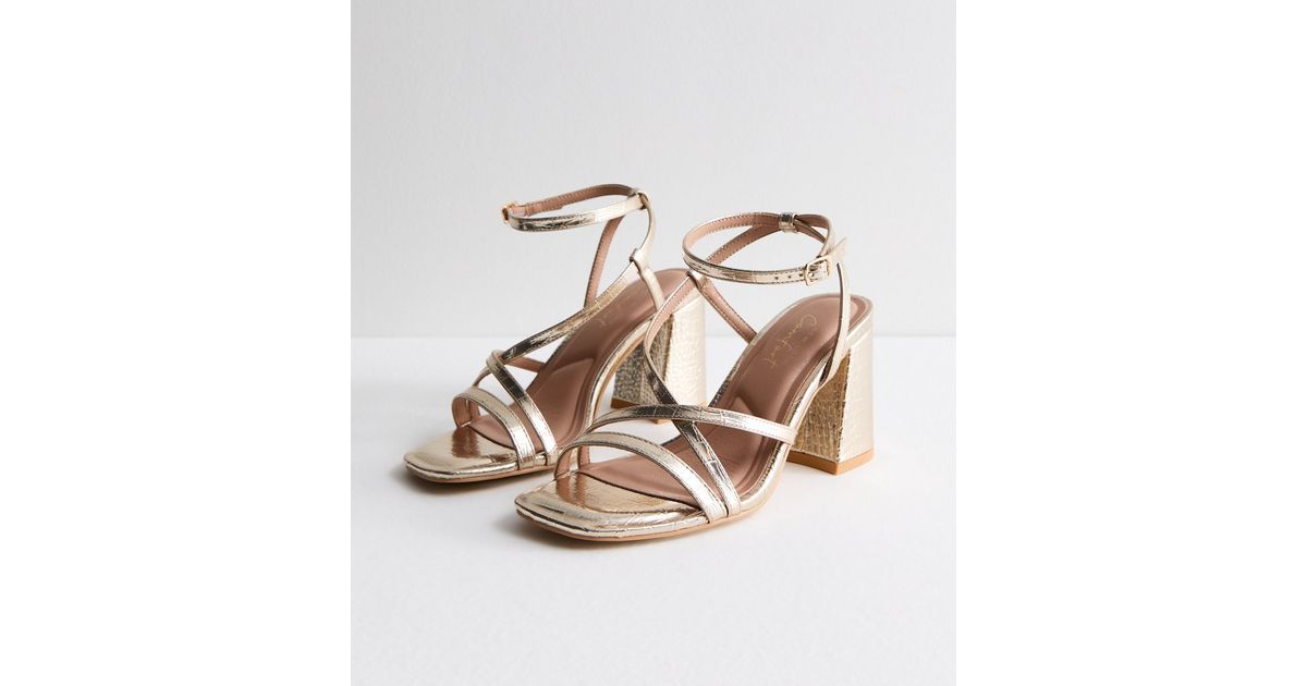 Wide Fit Gold Faux Croc Multi Strap Block Heel Sandals New Look
