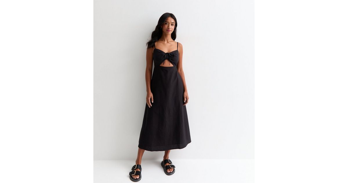 Petite Black Strappy Cut Out Ruched Midi Dress | New Look