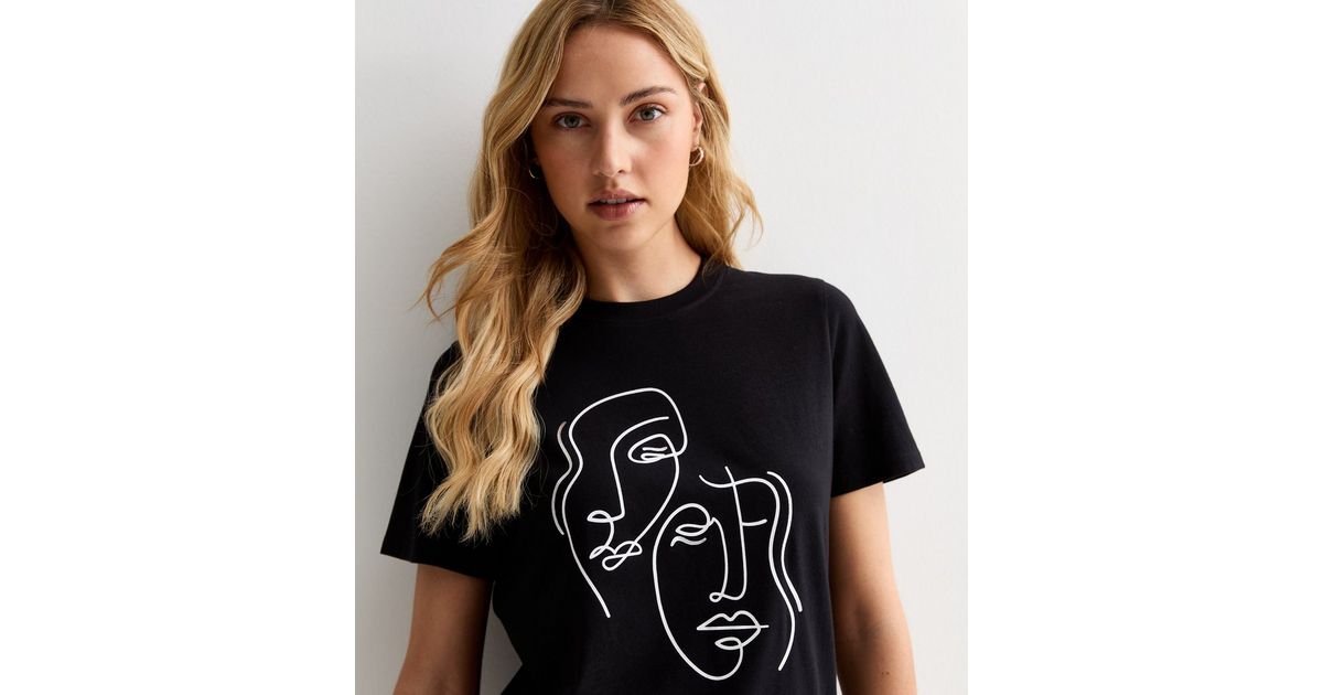 Black Foil Sketch Face Print Cotton T-Shirt | New Look