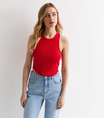 Red Ribbed Scoop Hem Crop Vest | New Look
