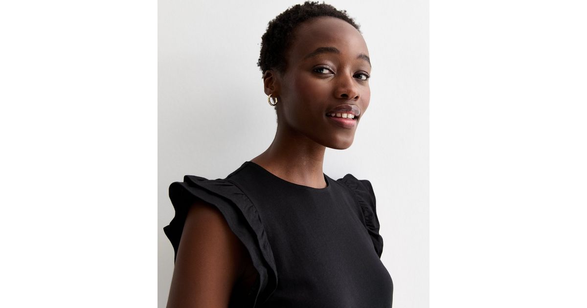 Tall Black Cotton Frill Sleeve Top | New Look
