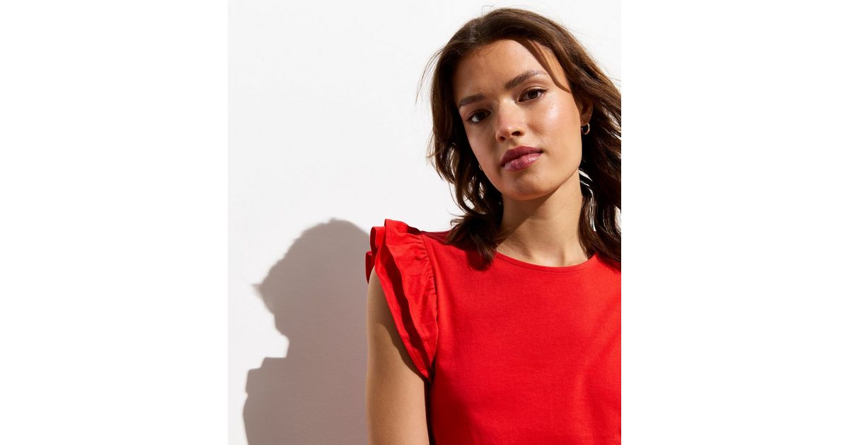 Tall Red Cotton Frill Sleeve Top | New Look