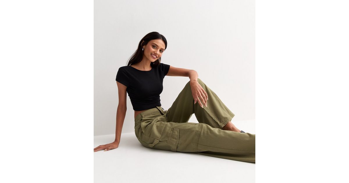 Khaki Denim Wide Leg Cargo Trousers | New Look