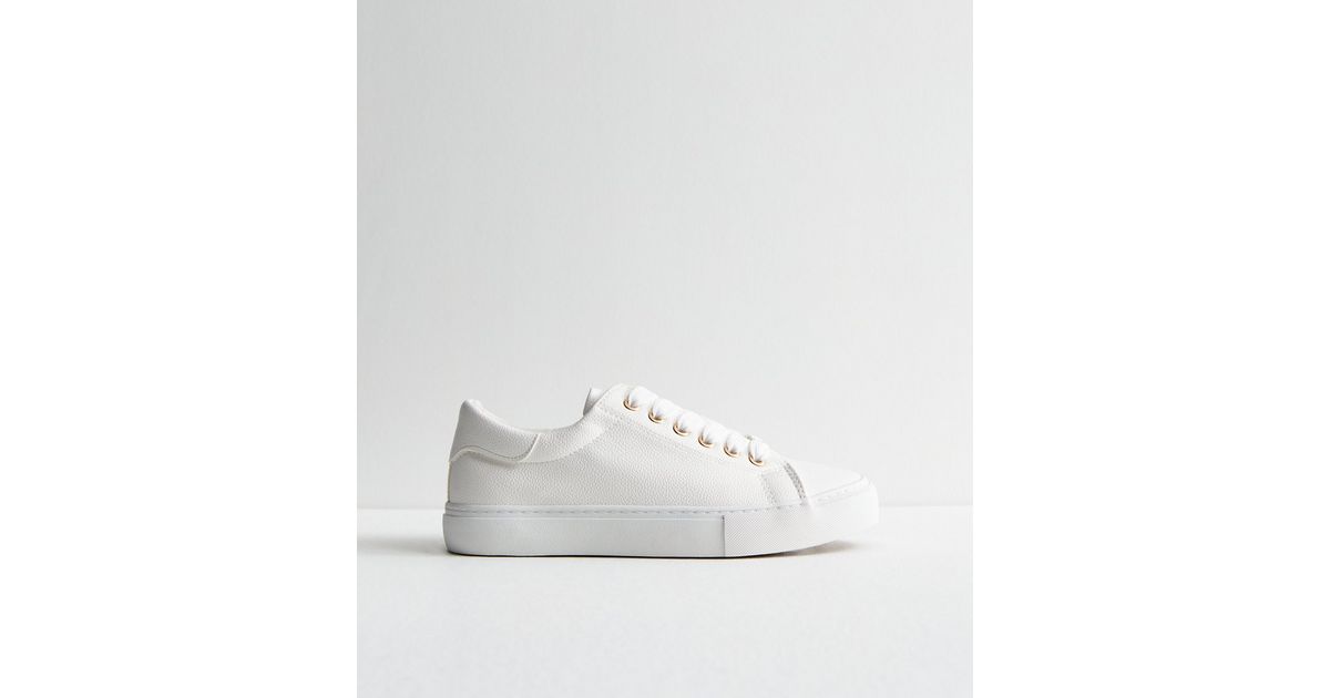 Wide Fit White Leather-Look Lace Up Trainers | New Look