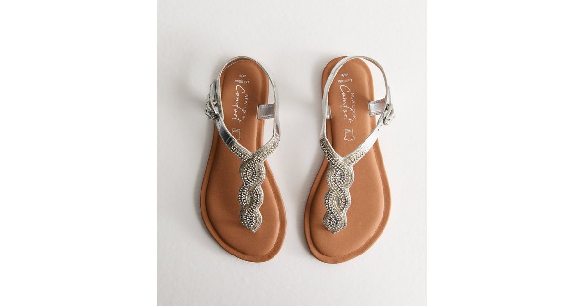 Wide Fit Silver Leather Embellished Toe Post Sandals | New Look