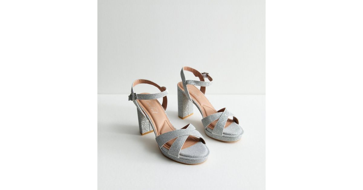Silver Glitter 2 Part Block Heel Sandals | New Look