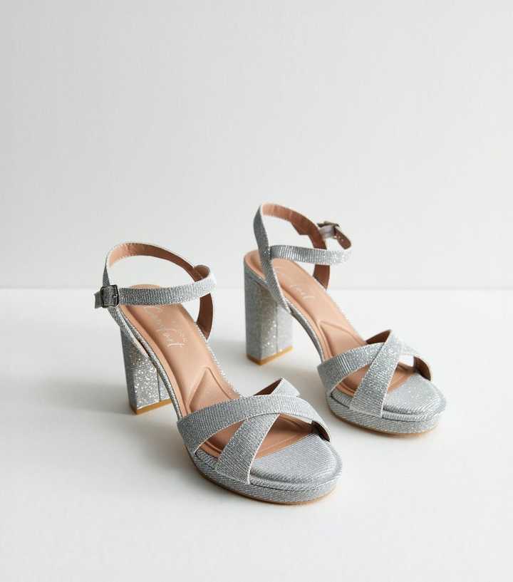 Silver Glitter 2 Part Block Heel Sandals | New Look