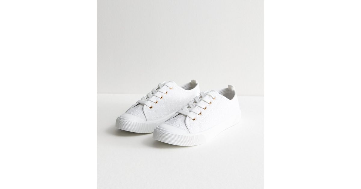 White Broderie Lace Up Chunky Trainers | New Look