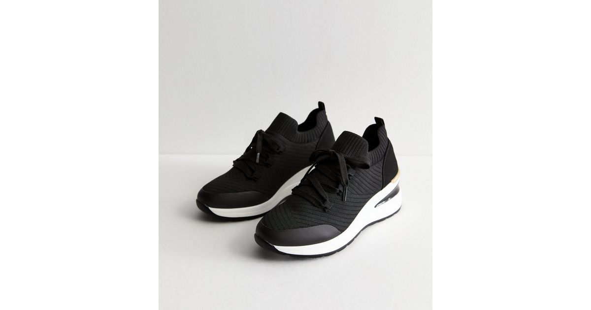 Black Wide Fit Black Knit Wedge Heel Trainers | New Look