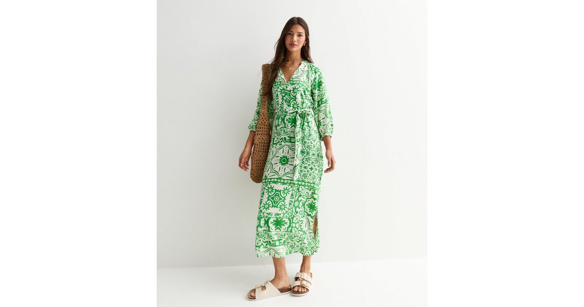 Green Tile Print Belted Midi Dress | New Look