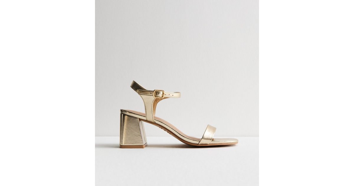 Wide Fit Gold Leather-Look 2 Part Block Heel Sandals | New Look