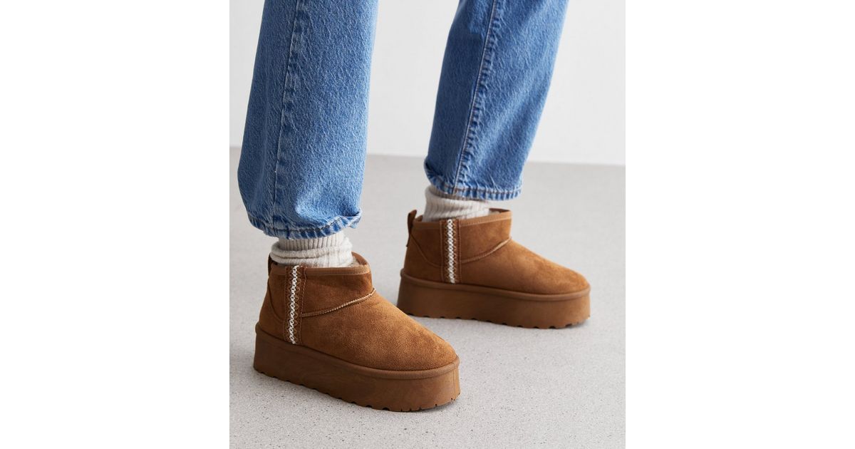 Truffle Tan Suedette Faux Fur Lined Woven Trim Flatform Boots | New Look