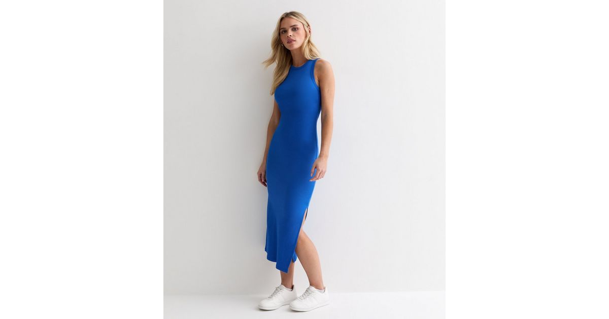 Pettie Blue Ribbed Jersey Racer Midi Dress | New Look