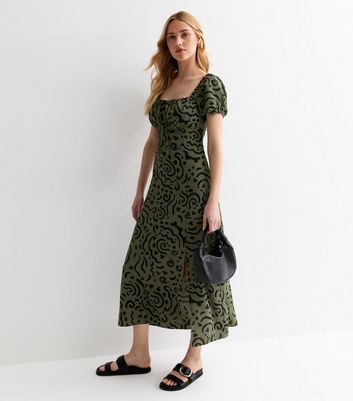 Green Abstract Print Milkmaid Midi Dress | New Look